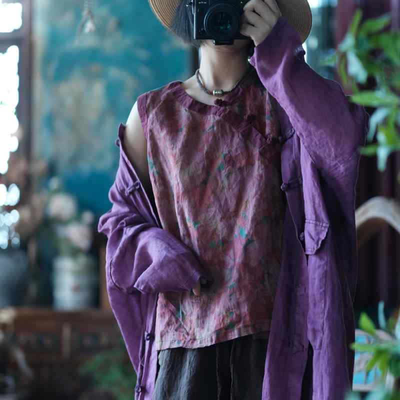 ・カテゴリ: シャツ・主な素材: 苎麻100%・柄: 花柄・スタイル: 復古風・袖丈: 長袖・版型: ワイド・衣長: 普通・ネックライン: シャツカラー・袖型: ノースリーブ・流行要素: プリント