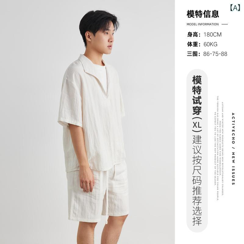 ・スタイル: 都市・厚さ: 普通・パンツ丈: 短パン・トップスタイル: シャツ・袖丈: 短袖・フード: なし・素材名: 綿混紡・主素材: ライセル45.8%・適用シーン: 休闲・カラー展開: 杏色、黒・サイズ展開: M、L、XL、XXL、X...