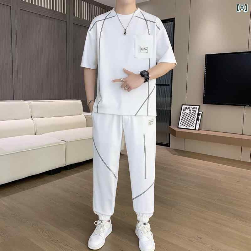 ・スタイル: スポーツ・厚み: 普通・パンツ丈: ロングパンツ・トップスタイル: Tシャツ・袖丈: 短袖・主な素材: ポリエステル100%・適用シーン: スポーツ・カラー展開: ホワイト、グレー、ブラック、ダークカーキ・サイズ展開: M、L...