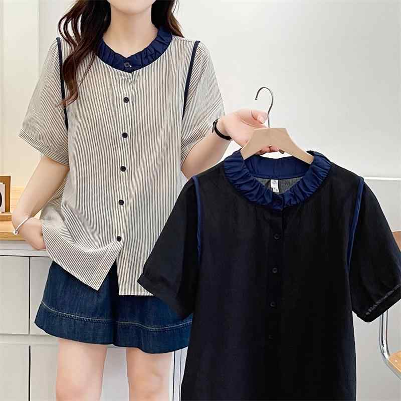 ・主な素材: ポリエステル・柄: 条紋、ブラック・サイズ展開: XL、2XL、3XL、4XL、L・スタイル: 日韓カジュアル・ネックライン: 花辺領・主な素材割合: 50%以上70%未満・袖型: 通常袖・袖丈: 短袖・衣丈: 普通(50cm...