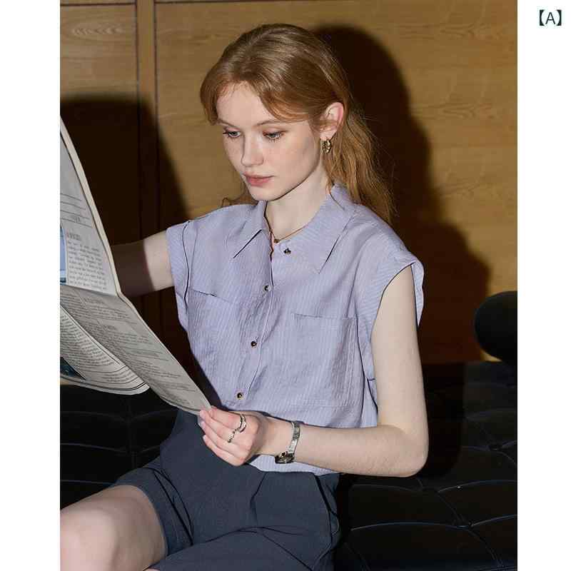 ・カテゴリ: シャツ・スタイル: 気質優雅・主な素材: 粘膠繊維30-50%、綿50-70%・柄: ストライプ・袖丈: 短袖・衣丈: 普通・ネックライン: 翻領・袖型: フレアスリーブ・カラー展開: グレー紫・サイズ展開: S,M,L