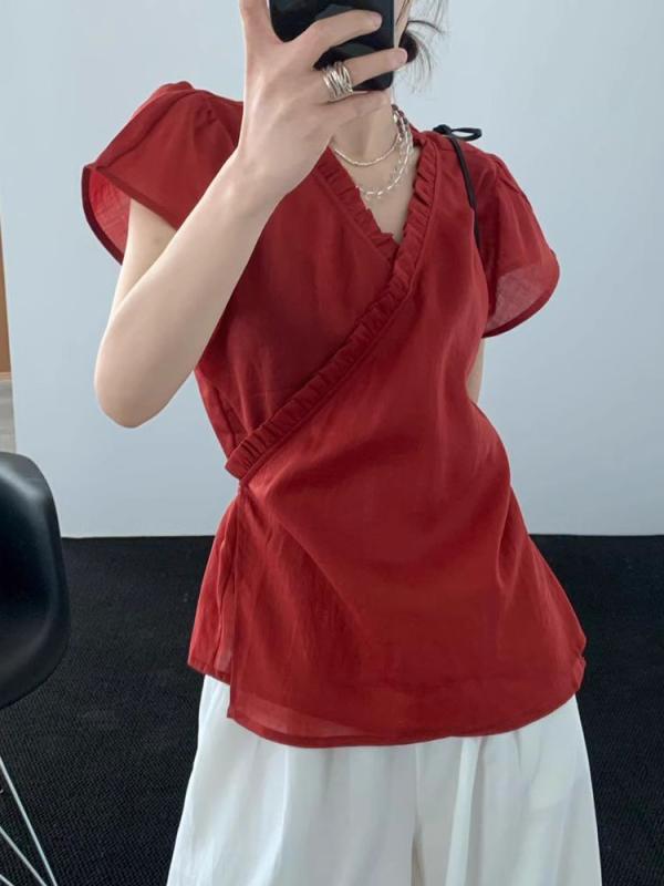 ・主な素材: 亜麻80-90%・スタイル: 休闲・ネックライン: Vネック・袖丈: 短袖・袖型: 普通袖・柄: 無地・カラー展開: 赤・サイズ展開: S,M,L,XL・カテゴリ: シャツ
