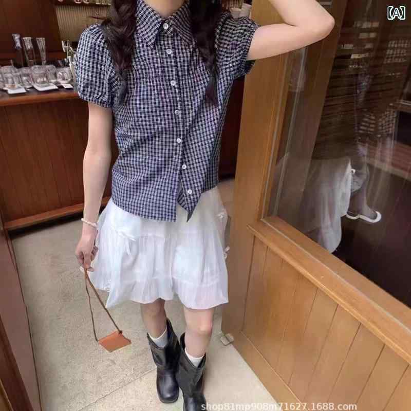 ・カテゴリ: シャツ・スタイル: 通勤・主な素材: 綿・柄: 条紋/格子・袖丈: 短袖・加工: 免烫・版型: ワイド・着丈: 普通(50cm<着丈≤65cm)・ネックライン: ポロ・袖型: パフスリーブ・流行: アメリカン・カラー: ...