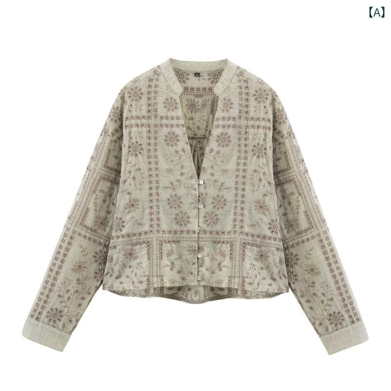 ・カテゴリ: シャツ・スタイル: 復古風・主な素材: 綿80-90%・柄: 立体パターン・袖丈: 長袖・加工: 刺繍・フィット: 標準・丈: 普通(50-65cm)・ネックライン: Vネック・袖型: バットスリーブ・カラー展開: ライトカー...