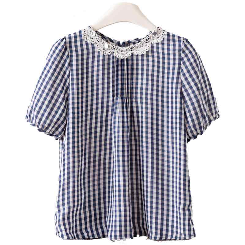 ・カテゴリ: シャツ・スタイル: 通勤・主な素材: 綿50-70%、ポリエステル30-50%・柄: 条紋/格子・袖丈: 短袖・袖型: 泡泡袖・ネックライン: 丸首・衣丈: 普通(50-65cm)・カラー展開: 藍白格・サイズ展開: M,L,...