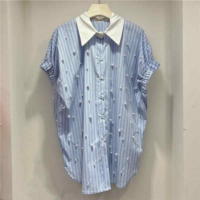 ・カテゴリ: シャツ・スタイル: 通勤風・主な素材: 30%（含）-50%（不含）・ネックライン: POLO領・袖丈: 短袖・袖型: 通常袖・装飾: ビーズ刺繍・カラー展開: ダークブルー,ライトブルー・サイズ展開: 均码