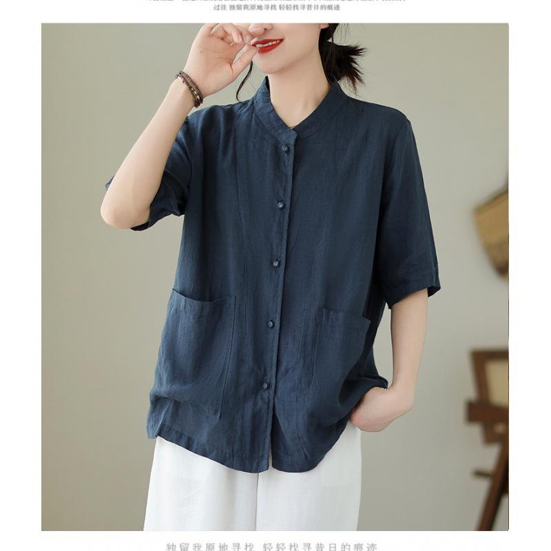 ・カテゴリ: シャツ・スタイル: 通勤・主な素材: 綿50-70%・柄: 無地・袖丈: 短袖・版型: ゆったり・ネックライン: スタンドカラー・袖型: 標準・カラー展開: ブラウン、カーキ、ダークネイビー・サイズ展開: M,L,XL,2XL