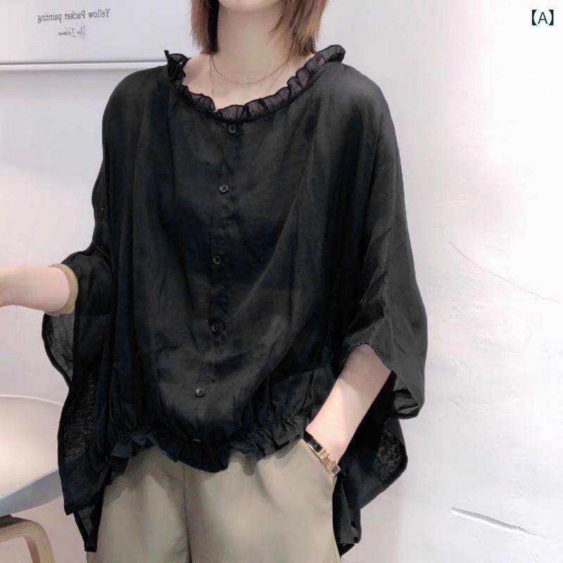 ・カテゴリ: シャツ・スタイル: 気質通勤・主な素材: 天丝（莱赛尔纤维）・袖丈: 五分袖・フィット: ゆったり・ネックライン: ラウンドネック・袖型: バットスリーブ・柄: 無地・カラー展開: ブラック、ブルー・サイズ展開: M、L、XL