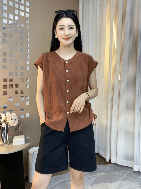 ・カテゴリ: シャツ・スタイル: 簡約・主な素材: その他・柄: 無地・袖丈: 短袖・加工: プリーツ・フィット: 標準・着丈: 普通(50cm<着丈≤65cm)・ネックライン: ラウンドネック・袖型: 標準袖・流行要素: ドロースト...