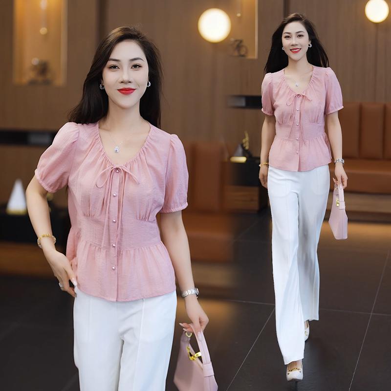 ・カテゴリ: シャツ・スタイル: 通勤風・柄: 無地・主な素材: 80%（含）-90%（不含）・袖丈: 短袖・版型: 修身型・ネックライン: ラウンドネック・袖型: スタンダード・カラー展開: ブルー、イエロー、ピンク・サイズ展開: M、L...