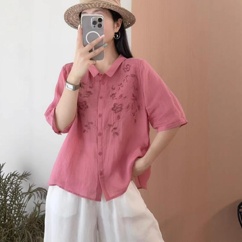 ・カテゴリ: シャツ・スタイル: 文艺風・主な素材: 苎麻80%～90%・柄: 如图・加工: 刺繍・フィット: ゆったり・着丈: 普通(50cm超～65cm以内)・襟: 翻領・カラー展開: ブルー,ピンク,ホワイト,ローズピンク,イエロー,...