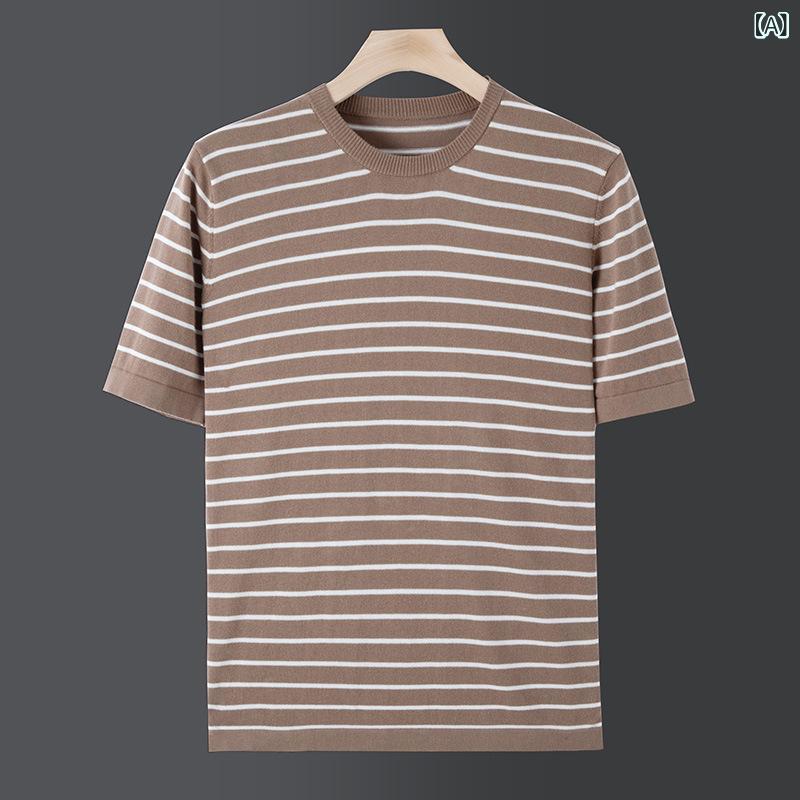 ・カテゴリ: Tシャツ・スタイル: カジュアル・主な素材: 綿96%以上・柄: 条紋・版型: ワイド・ネックライン: クルーネック・袖丈: 短袖・袖型: 標準・カラー展開: 金驼色、クラシックブラック・サイズ展開: S、M、L、XL、XXL...