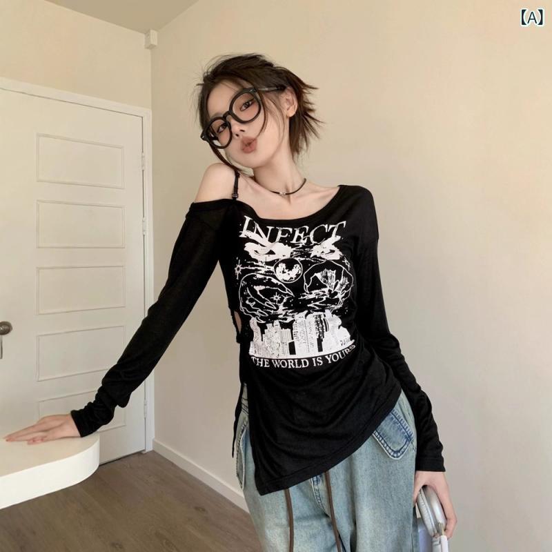 ・カテゴリ: Tシャツ・スタイル: 街頭風・主な素材: ポリエステル100%・袖丈: 長袖・袖型: 標準・柄: 幾何模様・カラー展開: ブラック、ホワイト・サイズ展開: S、M、L、XL・ネックライン: 斜肩・版型: 標準・衣長: 普通款(...