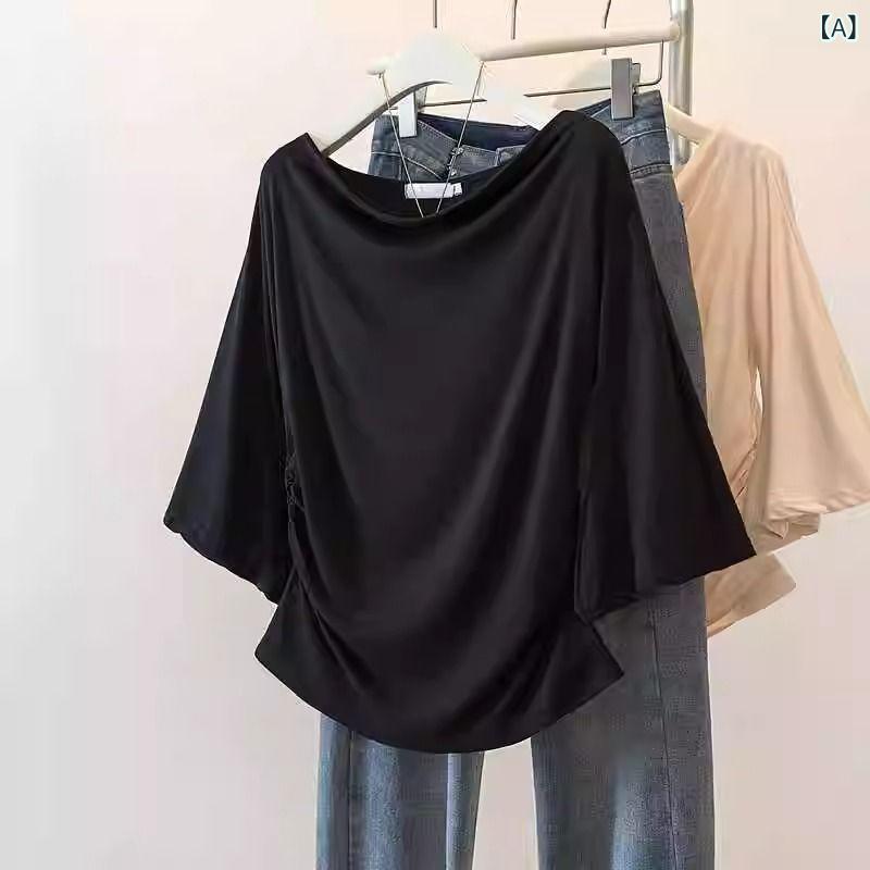 ・カテゴリ: Tシャツ・スタイル: 通勤風・主な素材: モダール90-95%・柄: 無地・袖丈: 七分袖・衣長: 普通・ネックライン: 一字領・カラー展開: ブラック、ミルクカラー・サイズ展開: M、L、XL、2XL