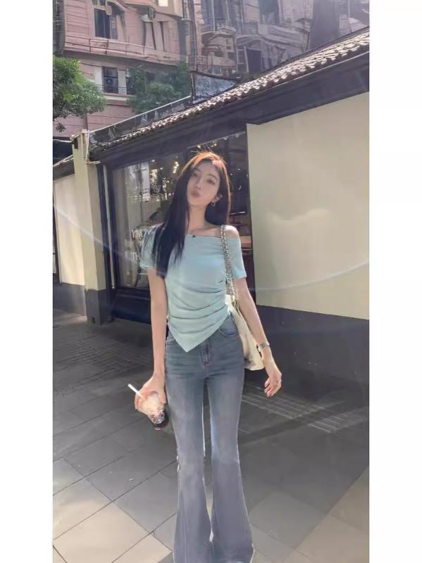・カテゴリ: Tシャツ・スタイル: 清新風・主な素材: 莫代尔95%以上、氨纶30%以下・柄: 純色・ネックライン: 一字領・袖丈: 短袖・袖型: 通常袖・フィット: スリムフィット・丈: 短丈・カラー展開: ブルー、ホワイト、ブラック・サ...