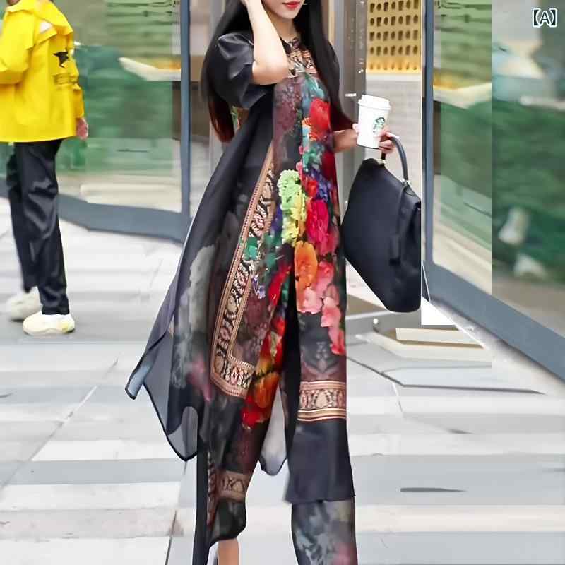 ・カテゴリ: 休闲套装・スタイル: 文艺复古・主な素材: 天丝（莱赛尔纤维）・柄: 植物花卉・流行要素: 印花・カラー展開: 黒色、黄色、绿色・サイズ展開: 均码 40-77.5kg・パンツ丈: 九分裤・袖丈: 五分袖・袖型: 常规袖・セッ...