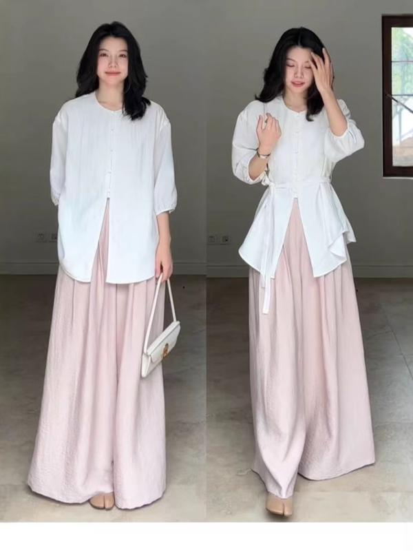 ・カテゴリ: 女性用セットアップ・スタイル: 通勤風・主な素材: コットン30%（含）-50%（不含）・素材: 麻混紡・カラー展開: ホワイトトップ、ライトピンクパンツ、グレーパンツ、カーキパンツ・サイズ展開: S、M、L、XL、XXL・袖...