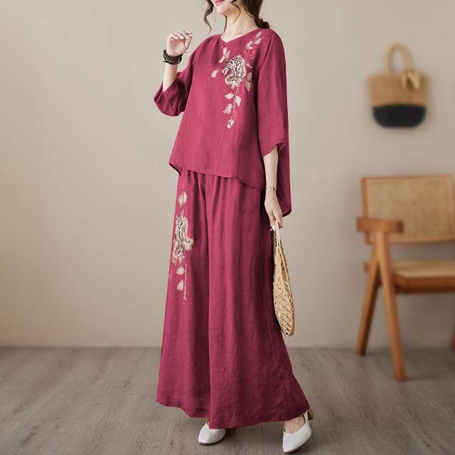 ・スタイル: 通勤風・主な素材: 綿麻・主面料成分: 綿50-70%・柄: 植物花卉・パンツ丈: 長パン・流行要素: 撞色・加工: 刺繍・カラー展開: 酒红色【セット】, 藏青色【セット】, 黒色【セット】, 白色【セット】, 粉色【セット...