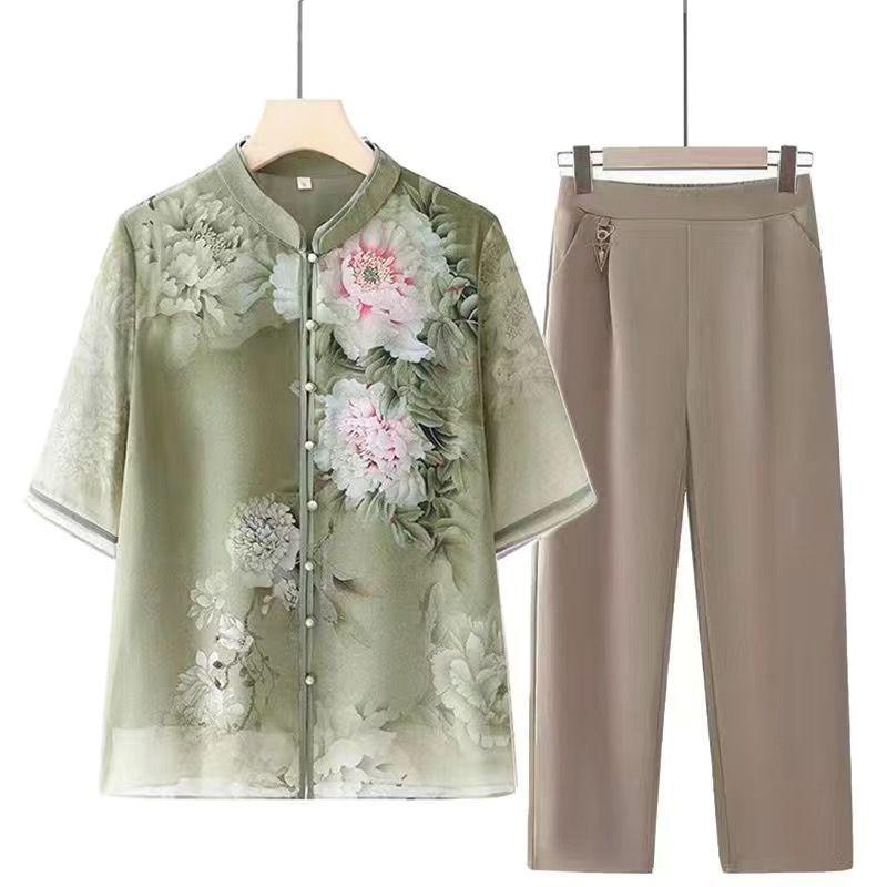 ・カテゴリ: 休闲套装・柄: 花朵・パンツ丈: 七分・流行要素: 純色・工艺: ピスト/スプライス・素材名: ポリエステル・主素材: ポリエステル・袖型: 標準袖・袖丈: 三分・カラー展開: YM赤上衣+カーキパンツ,YM緑上衣+カーキパン...