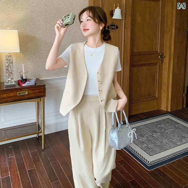 ・スタイル: 通勤風・カテゴリ: 休闲套装・主な素材: 涤纶（聚酯纤维）・柄: 純色・流行要素: 褶皱・パンツ丈: 長パン・セットスタイル: 裤套装・袖丈: 三分袖・カラー展開: 三件套（优质版）・サイズ展開: S（52.5kg以内）、M（...