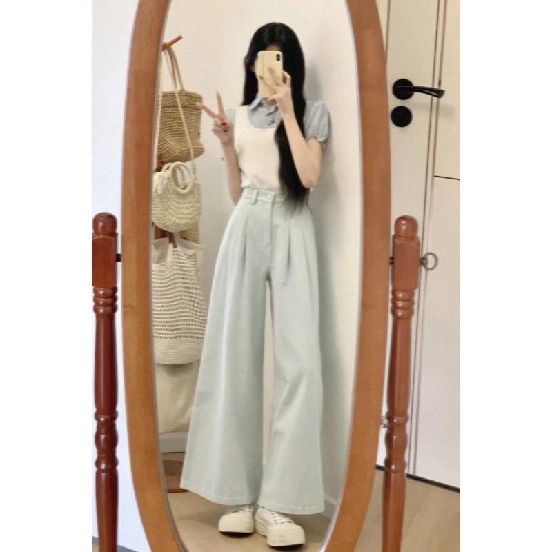 ・カテゴリ: 休闲套装・スタイル: 通勤風・主な素材: 涤纶（聚酯纤维）70%（含）-80%（不含）・袖丈: 三分袖・柄: その他・カラー展開: 假两件上衣,浅藍色裤子,两件套・サイズ展開: S,M,L,XL・スカート丈: 長裙・ポップ要素...
