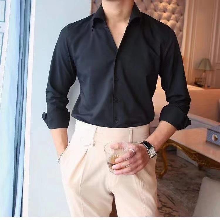 ・スタイル: 英倫・版型: 修身型・領型: 尖領・袖丈: 長袖・柄: 純色・主な素材: 粘纖31-50%・カラー展開: 白色、灰色、黒色、棕色、藍色・サイズ展開: S、M、L、XL、XXL、XXXL、XXXXL、5XL・対象年齢: 成人・対...