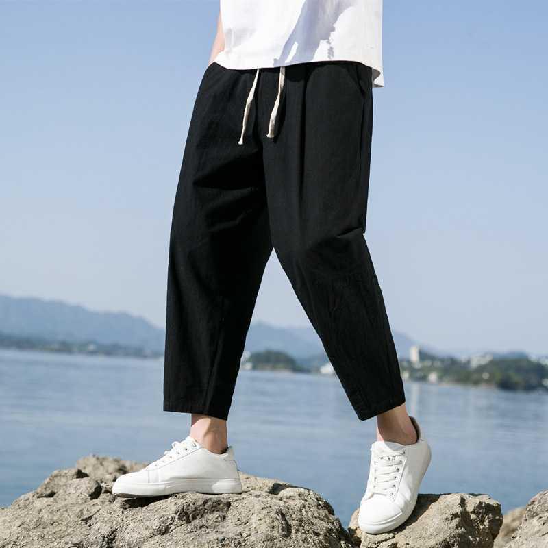 ロングパンツ メンズ カジュアルパンツ 綿麻 パンツ ワイドパンツ リネンパンツ アンクルパンツ 9分丈 ボトムス パンツ 夏 涼しい 薄手 ゆったり 楽ちん 大きめサイズ ウエストゴム 無地 通気性 吸湿速乾 普段着 ルームウェア アウト...