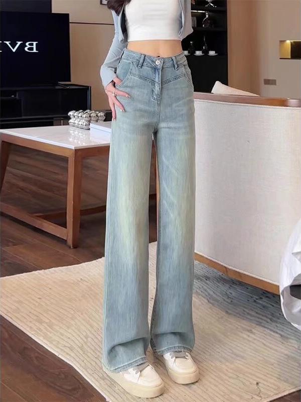 ・カテゴリ: デニムパンツ・素材: 綿（50%以上70%未満）、ポリエステル（30%以下）・スタイル: 通勤風、エレガント・パンツ丈: 長ズボン・パンツの種類: ワイド、ストレート・ウエスト: ハイウエスト・生地の厚さ: 中等・デザイン特徴...