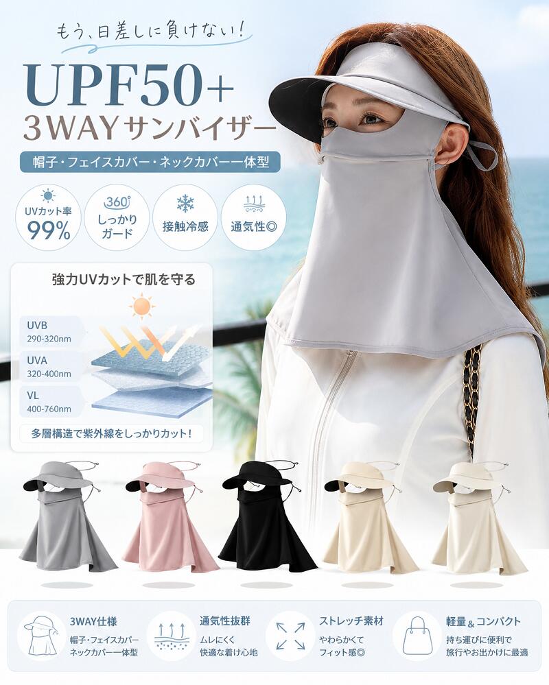 2026年NEWモデル登場！これひとつで「完全防備」&nbsp; &nbsp; &nbsp; &nbsp; &nbsp; &nbsp;3in1 冷感 360完全遮光セット 帽子 × フェイスマスク × ケープ ? 触れた瞬間、ひんやり冷たい...