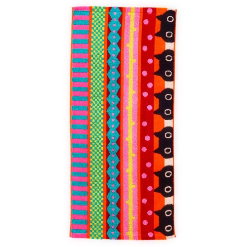 サイズ:34X75cm 組成綿100% 生産国:中国 バスルームをパッと華やかにする明るくカラフルなデザイン。猫好きさんにはたまらない、キュートなタオルです。 ふわふわの無撚糸を使うことで、ふっくらとした仕上がりに。おもて面にはシャーリング...