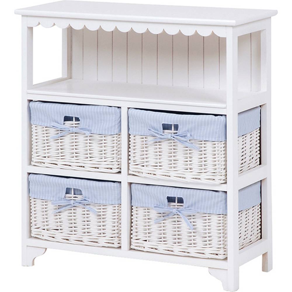 商品情報 サイズ・容量 約幅70cm×奥行き30cm×高さ75cm 素材 本体桐材、柳 天板：MDF カラー ホワイト×ブルー その他【WOOD PRODUCTS】キャビネット MCC-5781WH ホワイト×ブルー まるでフリルが付きいた...