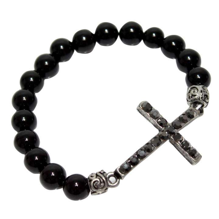 ※こちらの商品はメール便がご利用できません 大人気★天然石、オニキスのパワーストーンブレスレットのご紹介です！ブレス部分のストーンはオニキス、モチーフの十字架もラインストーンでヘマタイトが付いています！ブラック念珠にアンティークシルバーカラ...