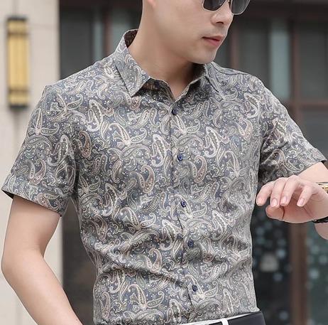 メンズシャツ 夏 半袖 男性 紳士 大きいサイズ カジュアル 普段着 リゾート 薄手 スリム 黒 緑 ポインテッドカラー 総柄 ペイズリー