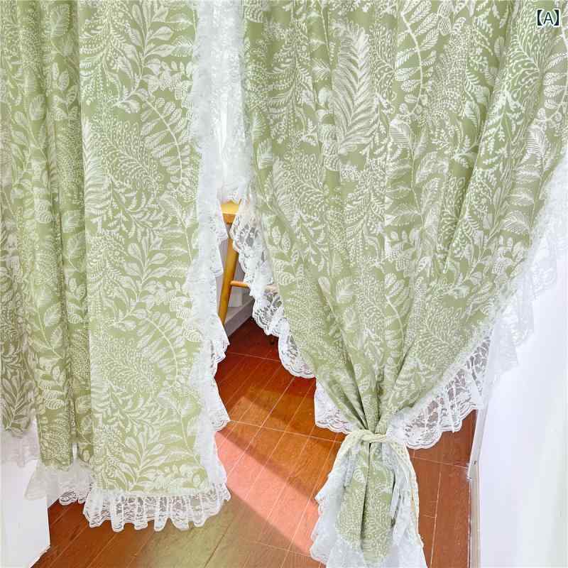 レース のれん 北欧 レトロ ロココ フリル ガーゼ カーテン パーテーション 窓 スクリーン 背景 遮断 花 ドア 装飾 ショート 面ファスナー ロッド加工 緑 ピンク 黄