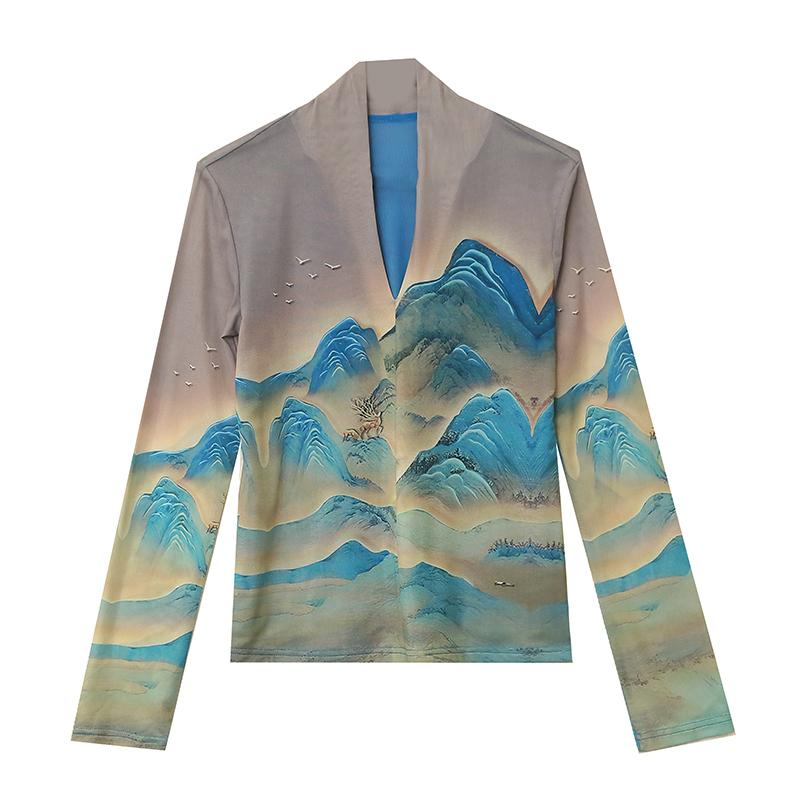 長袖 tシャツ レディース 秋冬 Vネック 大きいサイズ スリムフィット トップス インナー メッシュ 柄 プリント 大人 上品 エレガント