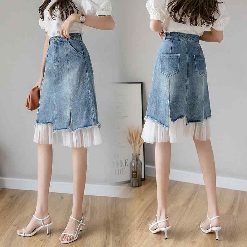 デニムスカート 膝丈 おしゃれ 細身効果 春夏 スリット ハイウエスト Aライン レース レディース 大きいサイズ 青 無地 シンプル