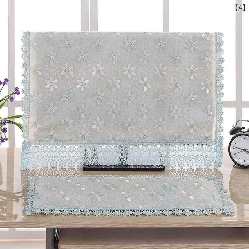 パソコン モニター カバー ほこりよけ ディスプレイ PC デスクトップ 汚れ防止 保護 防塵 キーボード セット 布製 レース 花 刺繡 フランネル おしゃれ素材: レース適用パソコン仕様：19インチ 22インチ 24インチ 27インチ ...