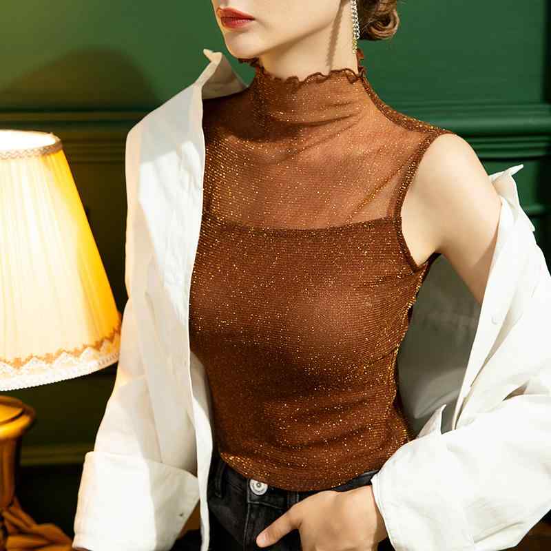 ハイネック ノースリーブ レディース 夏 メッシュ Tシャツ 明るい スリムフィット セクシー ナイロン 黒 茶色 緑 伸縮性 快適 柔らかい カジュアル