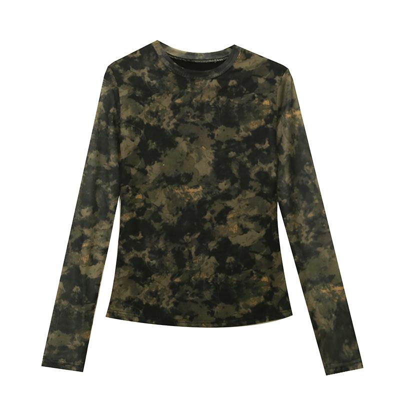 レディース トップス 長袖 メッシュTシャツ 秋 アメリカン レトロ スリムフィット 通気性 インナー ラウンドネック 大きいサイズ タイダイ 葉柄 おしゃれ カジュアル