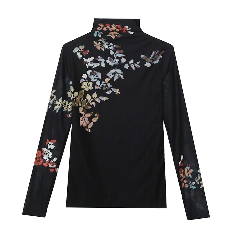 レディース トップス 長袖 秋冬 ハイネック Tシャツ メッシュ 薄手 軽量 通気性 インナー スリムフィット 大きいサイズ 花柄 プリント エレガント