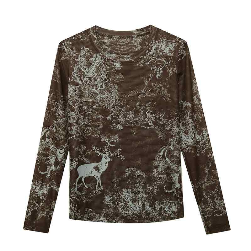 レディース トップス 長袖 レトロ プリント メッシュ Tシャツ 秋 スリムフィット 薄手 軽量 通気性 ラウンドネック 大きいサイズ 鹿 植物 おしゃれ