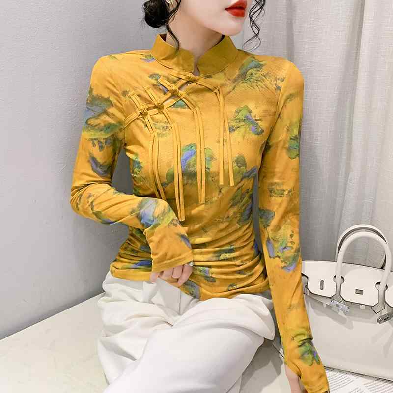 生地: メッシュ襟のタイプ: スタンドカラー要素: プリント.ガーゼ適用季節：夏袖丈：長袖衣類バージョン: スリムフィット