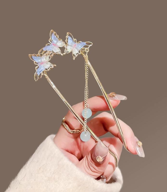 かんざし 洋服 おしゃれ 髪飾り ヘア アクセサリー 華やか 女性用 青 蝶 ピン レトロ タッセル U 字型 豪華 着物 浴衣 揺れる 装飾品