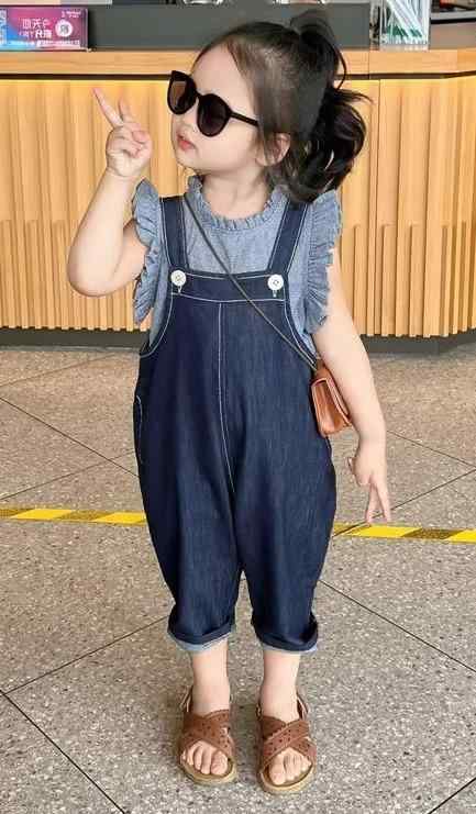 オーバーオール キッズ サロペット 子供 デニム 女の子 春夏 韓国 ゆったり 長ズボン ボトムス パンツ ボタン 無地 シンプル カジュアル
