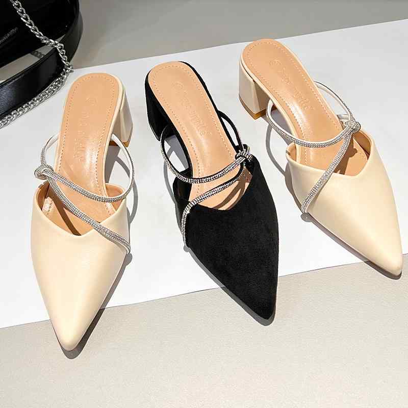 ミュール サンダル おしゃれ レディース 春夏 韓国 女性用 太い ミドル ヒール ポインテッドトゥ ラインストーン クロス ストラップ レザー ラバー ソール アプリコット 黒ソール素材: ラバー裏地素材: マイクロファイバーレザー皮質特...