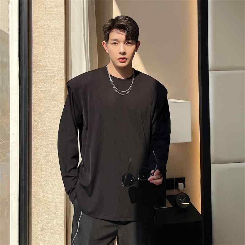 韓国 ロンt メンズ 長袖 半袖 春夏 レトロ 肩パッド入り ゆったり 薄手 ラウンドネック カジュアル おしゃれ シンプル 黒 白 無地