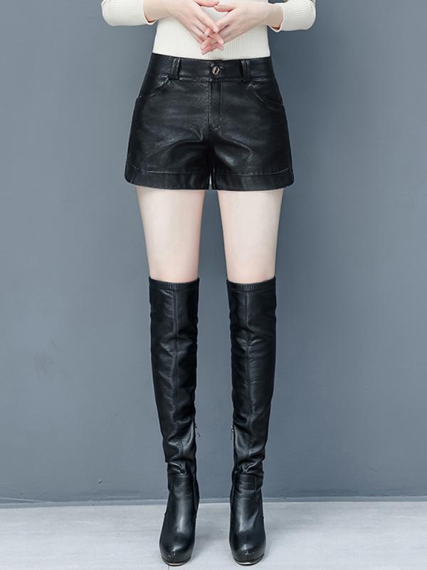 レディース レザー ショートパンツ 秋冬 ローウエスト スリム 革 黒 カジュアル ストレート 大きいサイズ シンプル ポケット シープスキン おしゃれ 普段使い