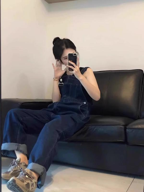 サロペット パンツ レディース 通年 デニム オーバーオール カジュアル 大きいサイズ ハイウエスト 細見え ゆったり ワイドレッグ ロング 紺