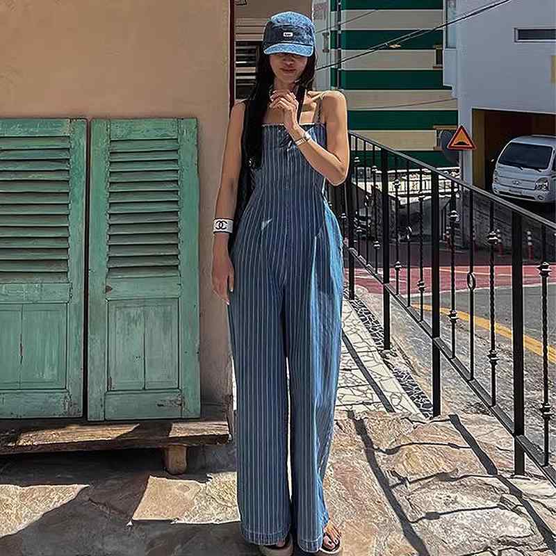 サロペット オールインワン レディース 夏 涼しい デニム ストライプ ハイウエスト ストレート ロング丈 ワイドパンツ おしゃれ 青