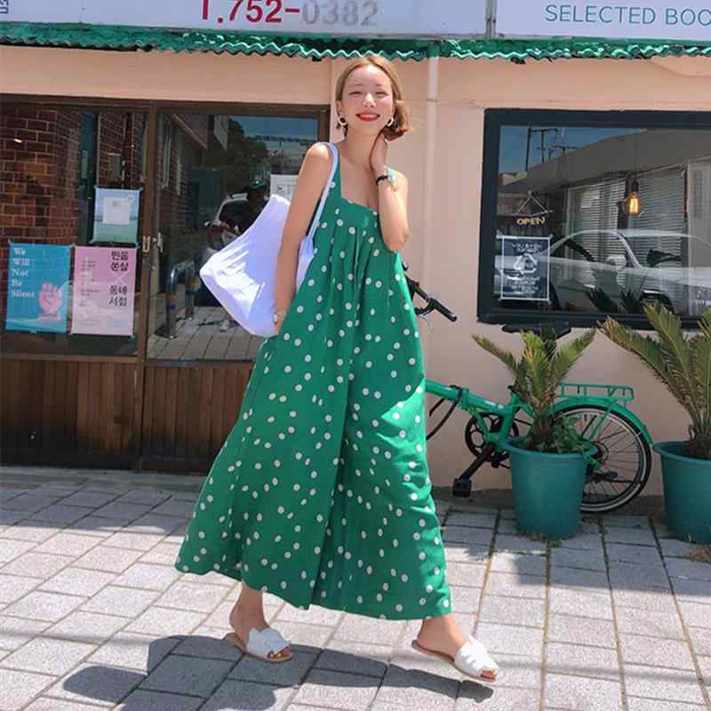サロペット オールインワン パンツ レディース 夏 韓国 ワイド ロング丈 スクエアネック ゆったり 体型カバー 水玉 ドット かわいい ポップ 緑 白素材: ポリエステルサイズ:SMLXL厚さ: 薄手